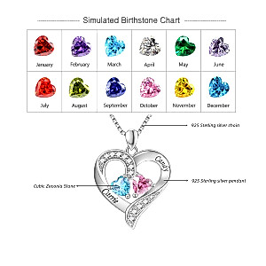MissNity Sterling Silver Personalized 2 Heart Simulated Birthstone Engraved Names Necklace for Women Mother Pendant Jewelry (Silver - Box chain (CZ))