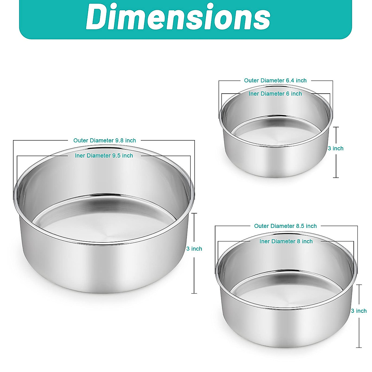 TeamFar 6/8 / 9 Inch Cake Pan, Stainless Steel Round Baking Pan for Cake Brownie Lasagna, Non-Toxic & Heavy Duty, 3” Deep Wall & One Piece, Smooth & Dishwasher Safe-Set of 3