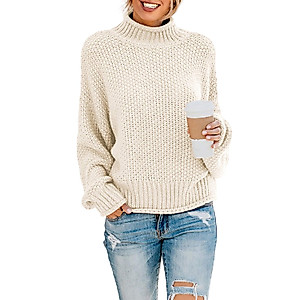 Dokotoo Women's Turtleneck Batwing Long Sleeve Solid Chunky Knit Sweater B Beige