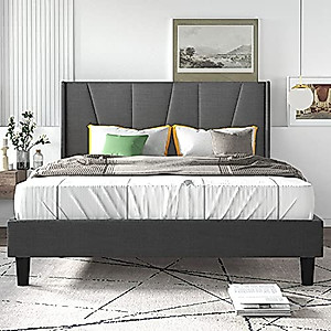 Allewie Full Size Bed Frame/Upholstered Platform Bed with Geometric Wingback Headboard/Mattress Foundation/Wood Slat Support/No Box Spring Needed/Easy Assembly, Dark Grey