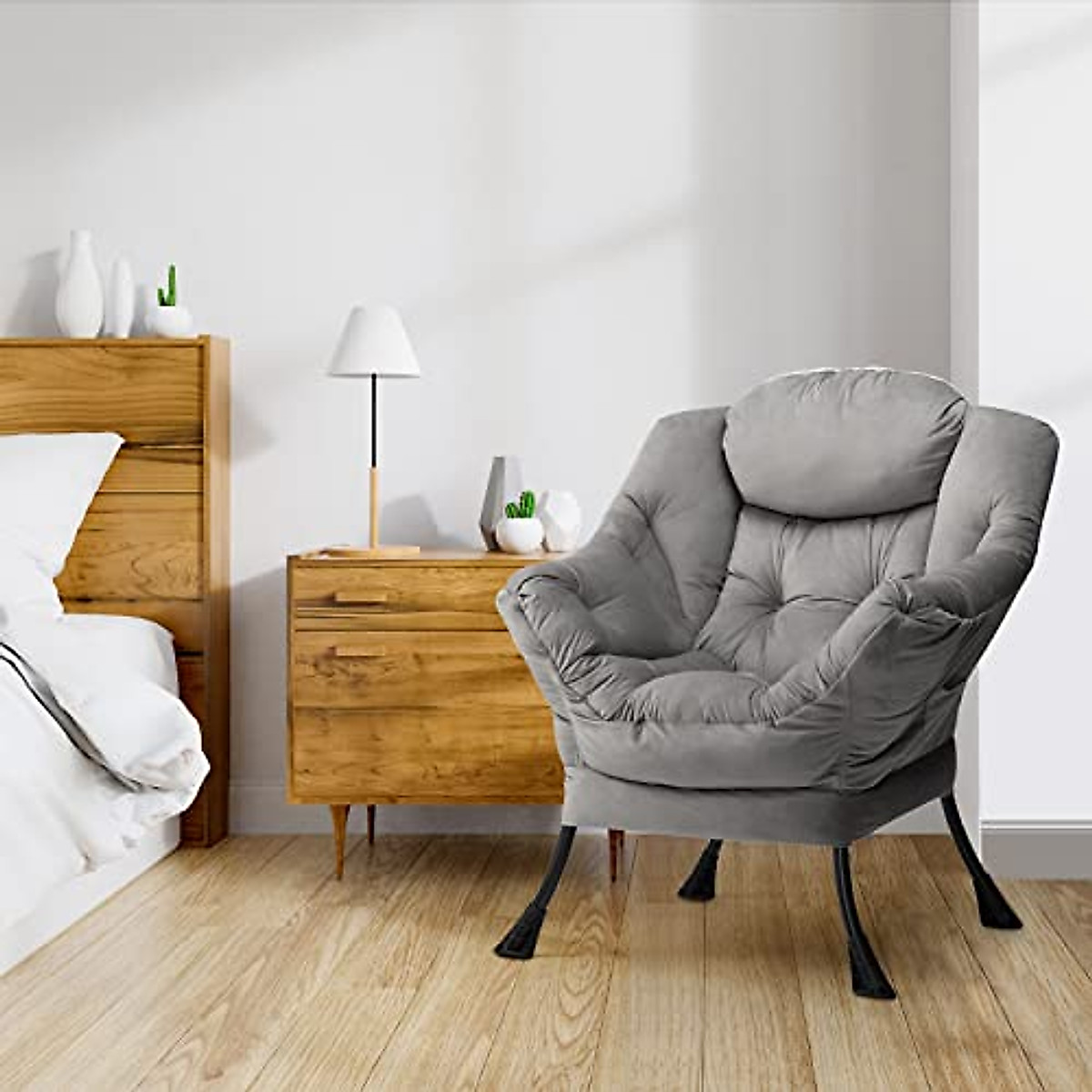 AcozyHom Modern Large Cotton Fabric Lazy Chair，Accent Contemporary Lounge Chair, Single Steel Frame Leisure Sofa Chair with Armrests and A Side Pocket, Smoky Grey