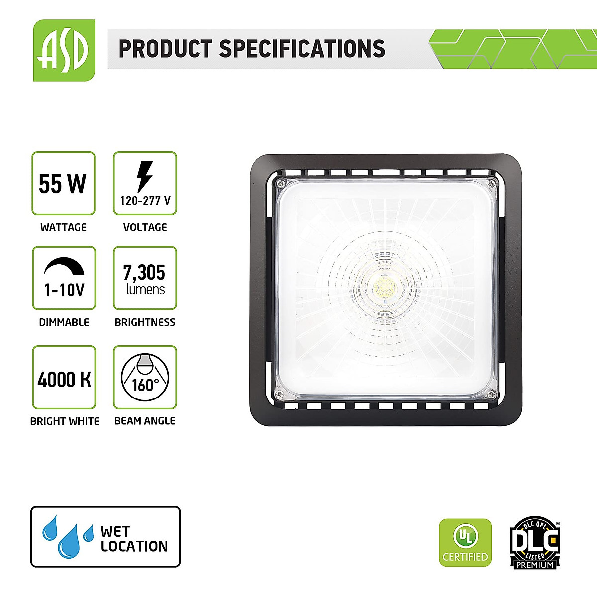 ASD Bronze LED Canopy Light with Motion Sensor 55W 7305Lm 4000K Dimmable IP65 Outdoor Ceiling Lights with J-Box - Carport Light Fixture - Gas Station and Garage Light - LED Parking Lot Light UL & DLC