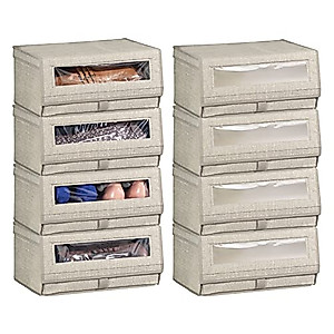 mDesign Large Fabric Closet Shoe Storage Box w/Clear Window - Shoe, Sandal, Sweater, Linen, Clothes Organizer - Boot Storage Solutions - Shoe Bin - Lido Collection, 8 Pack, Linen/Tan