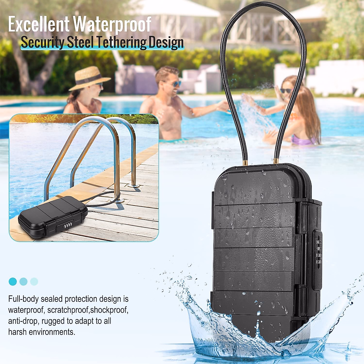 HUANLANG Portable Safe Lock Box with Combination Lock Mini Beach Travel Safe Waterproof Small Lockable Box with Removable Wire Rope Combination Safe Box for Dorm,Travel,Beach,Hotel,Car,Home,Office