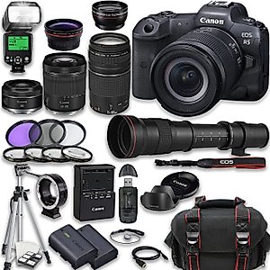 Canon EOS R5 Full Frame Mirrorless Camera with RF 24-105mm STM & 75-300mm f/4-5.6 III + RF 50mm f/1.8 STM + 420-800mm f/8.3 HD Lenses + 128GB Memory Card + TTL Flash, Extra Battery, Tripod(Renewed)