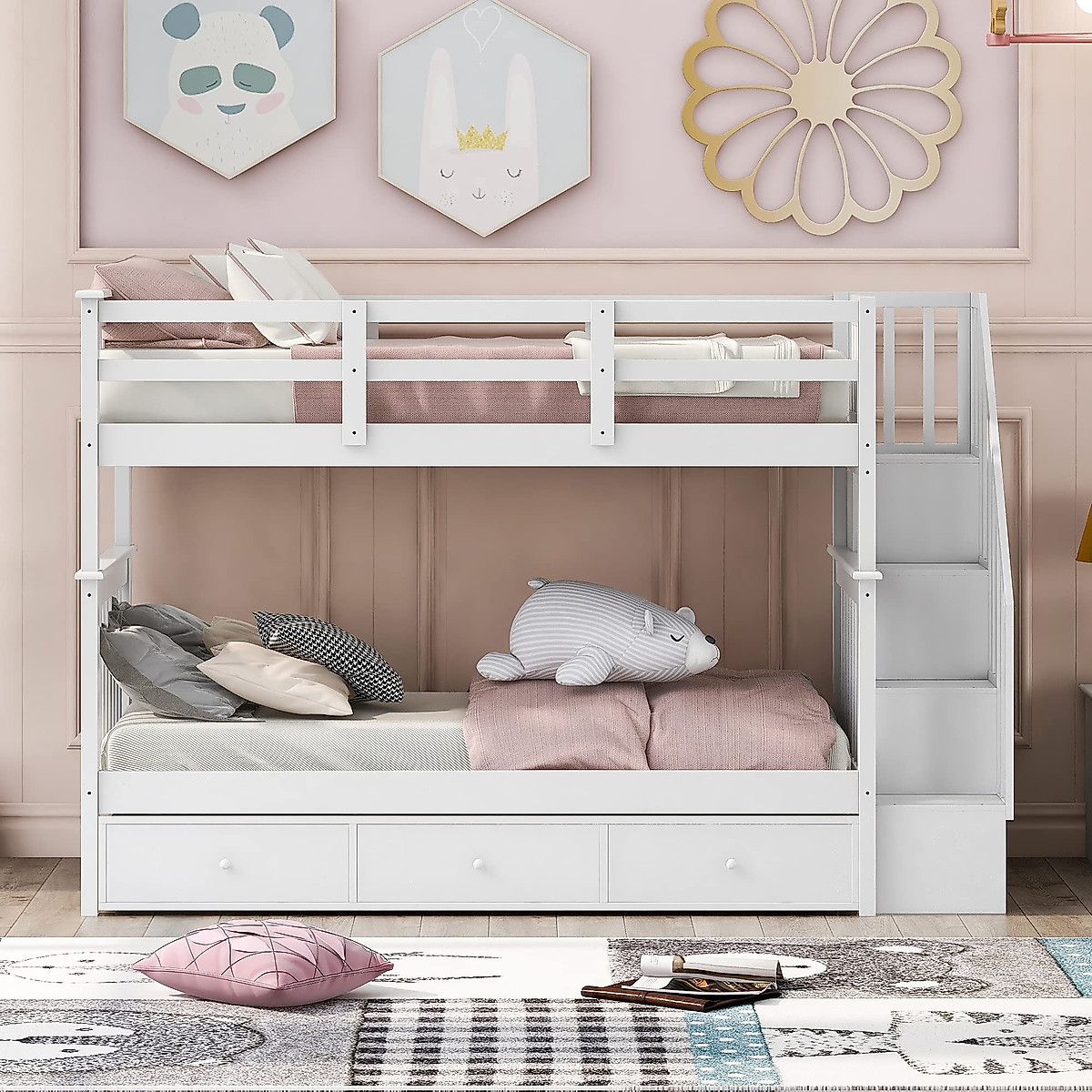 Twin Over Twin Bunk Bed with Stairs and 3 Storage Drawers, Solid Wood Bunk Bed Frame with Storage for Kids, Teens, Adults, Bedroom, Dorm. No Box Spring Needed (White)
