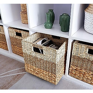 CHI AN HOME Wicker Storage Cubes, 12x12 Storage Cube Bins, Set of 4 Heavy Duty Hyacinth Storage Baskets for Shelves, Natural Foldable Square Baskets for IKEA Kallax, Large Woven Storage Basket, 4 Pack