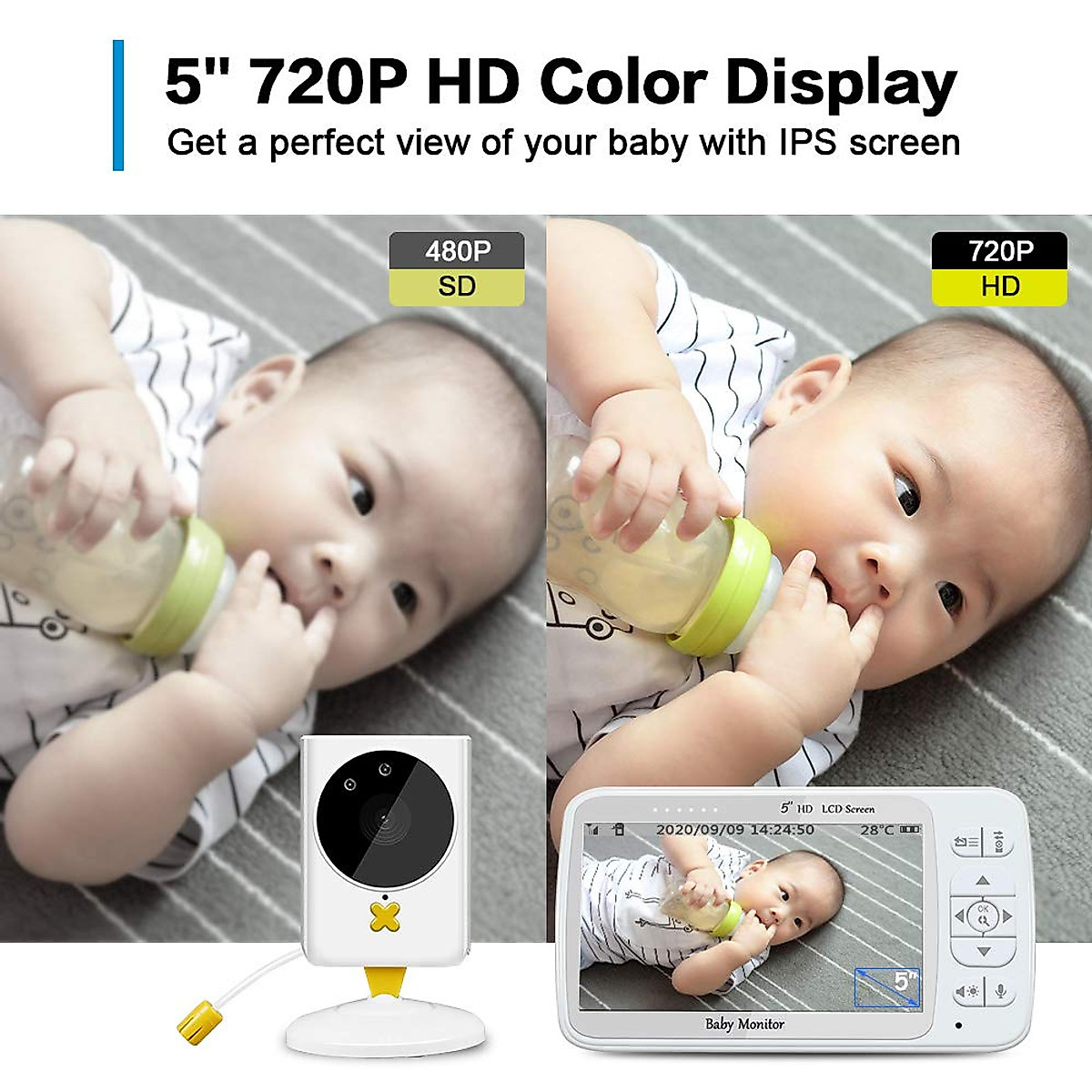 Peiloh Video Baby Monitor, Baby Monitor with Camera and Audio, IPS Screen 720P 5" HD Display, 3000 mAh Rechargeable Battery, Two-Way Talk, Manual Pan/Tilt/Zoom, Night Vision and Vox Mode (A6CAMERA)