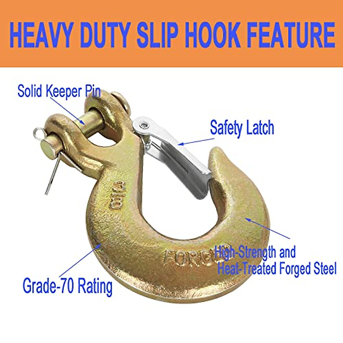 Accoladesound 2PCS 3/8 Inch Clevis Slip Hook with Safety Latch, G70 Forged Steel for Trailer, Heavy Duty Chain Hooks Deck Hauler Receiver Hitches Trailer,18,000lbs Capacity, Gold