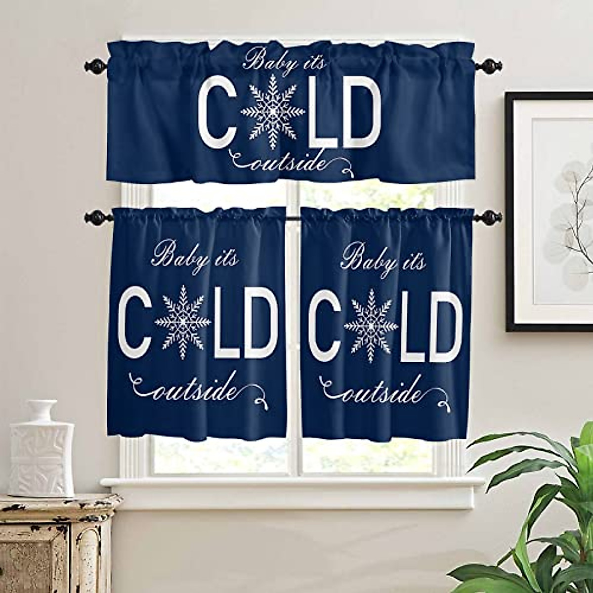 3 Piece Kitchen Curtain and Valances Set, Christmas Kitchen Curtains Set Rod Pocket Tier Short Curtains for Living Room Cafe Window Curtains 24 Inch Length Cold Winter Snowflakes Blue Backdrop