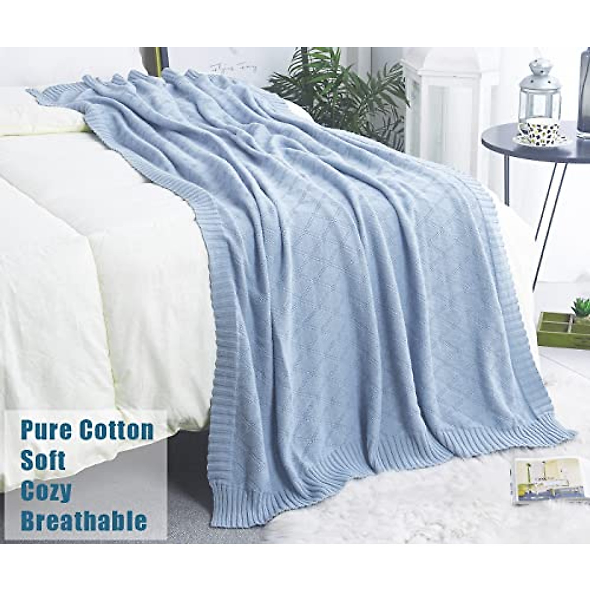 JSHANMEI Cable Knit Throw Blanket for Sofa Chair Couch Picnic Camping Beach Home Decorative Indoor Outdoor Knitted Blanket Blue