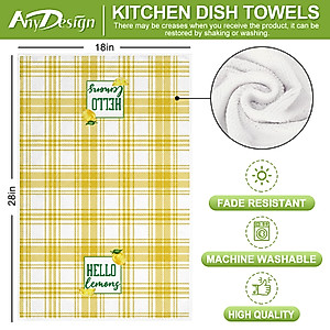 AnyDesign Lemon Kitchen Towel Watercolor Hello Lemons Dish Towel 18 x 28 Inch Spring Summer Yellow Check Plaids Hand Drying Tea Towel for Farmhouse Cooking Baking Cleaning Wipes, Set of 2