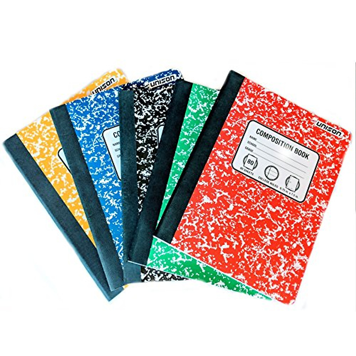 Bundle of 5 Marbled College Ruled Composition Notebooks: One Black, Red, Yellow , Blue , Green