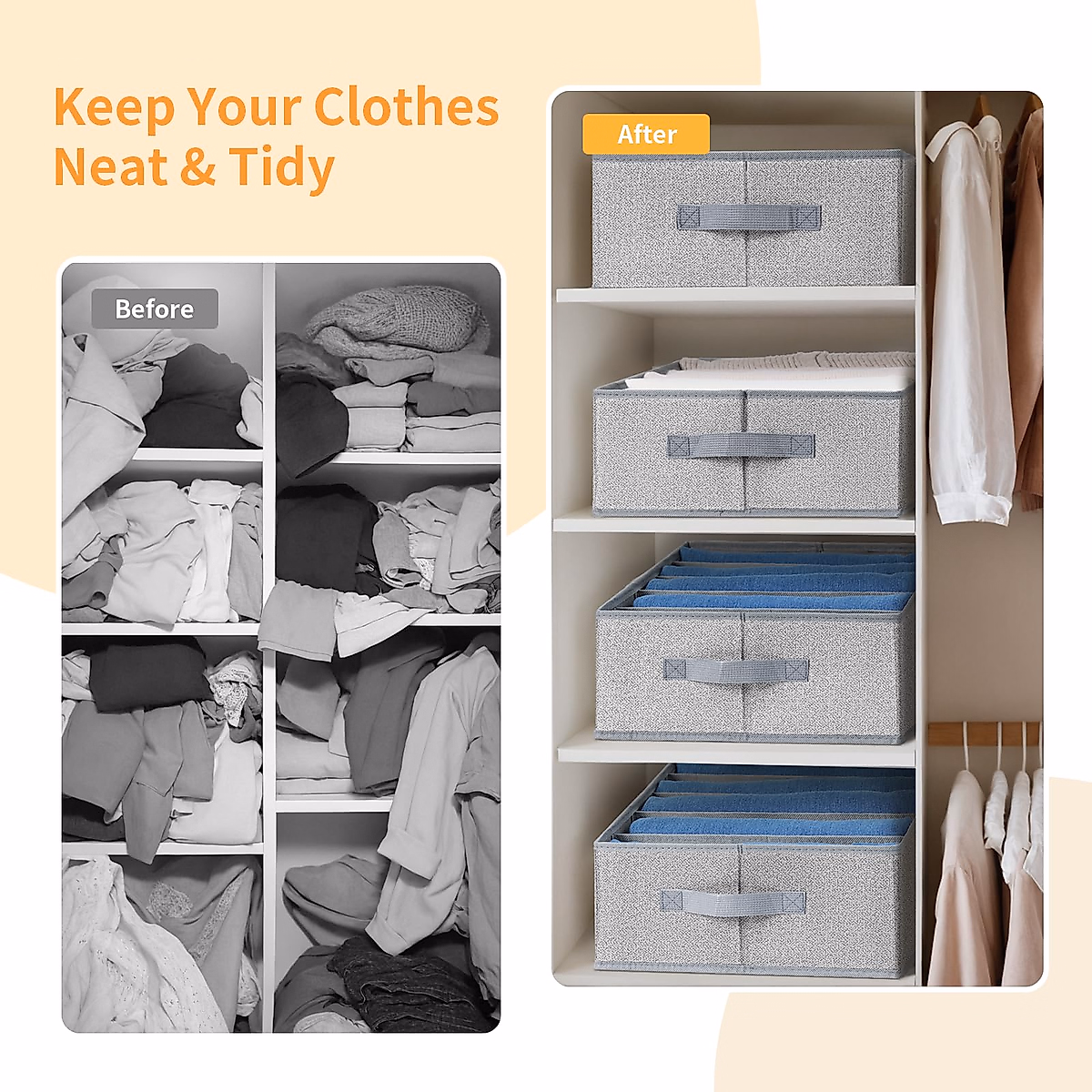 DIMJ Wardrobe Clothes Organizer, Fabric Drawer Organizer Clothes, Pants Jeans Sweater Organizer for Closet, Foldable Closet Storage Organizers, 5 Grids Clothing Drawer Organizers, 4 Pack Ash Grey