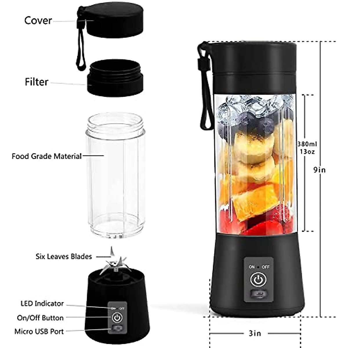 Portable Blender, Personal Mixer Fruit Rechargeable with USB, Mini Blender for Smoothie, Black