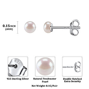 ChicSilver Pearl Stud Earrings for Women 4MM Freshwater Cultured White Button Pearl Earrings 925 Sterling Silver Small Studs for Sensitive Ear