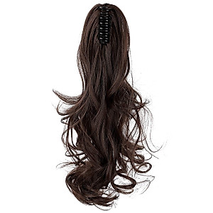 FELENDY Ponytail Extension Claw 18" 20" Curly Wavy Straight Clip in Hairpiece One Piece A Jaw Long Pony Tails for Women Medium Brown