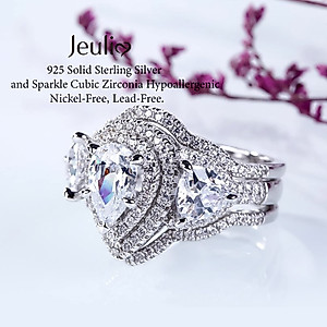 Jeulia Double Halo Oval Engagement Ring Sterling Silver Cubic Zirconia Engagement Ring Set Simulated Diamond Wedding Bridal Sets with Side Stones Promise Gift