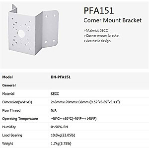 DH-PFA151 Aluminum Alloy Corner Mount Bracket PFA151 CornerMounting Brackets for Dahua Bullet and PTZ Cameras Compatible w/ AMCPFA134 AMCPFA136 AMCPFA13A AMCPFA120 IP2M-850EB IP2M-853EW IP2M-858W IP4