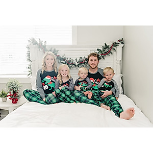 IFFEI Family Matching Pajamas Set Christmas Dinosaur and Green Plaid Print Long-sleeve Sleepwear Pet