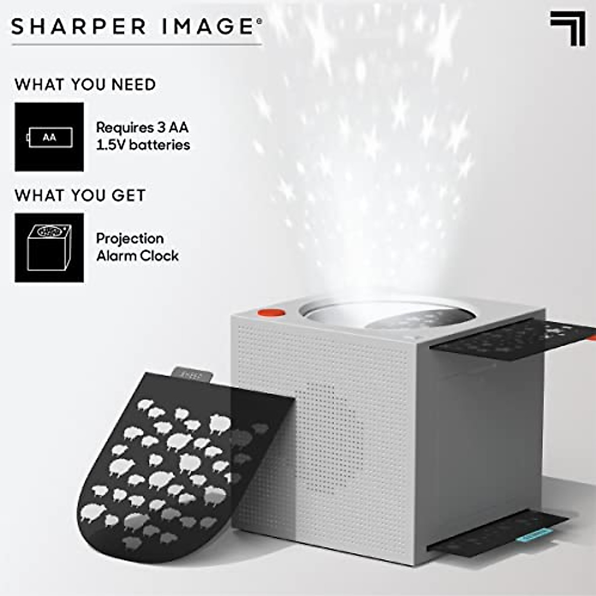 Sharper Image Projection Alarm Clock with Soothing Sounds and Relaxing Visuals, 4 Projections & 10 Soothing Soundscapes, Full-Function Digital Alarm Clock, Project Color-Changing Stars