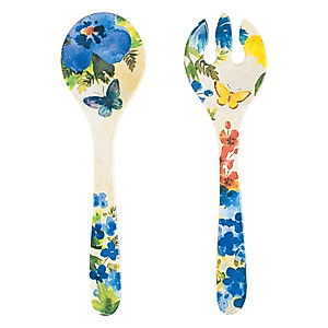 UPware 2-Piece 13 Inch Melamine Salad Server Serving Utensil Set Includes Salad Spoon and Salad Fork (Butterfly Floral)