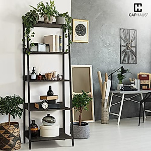 CAPHAUS 5 Tier Ladder Bookshelf, 24 Inch Width Free Standing Shelf, Bookcase Shelf Storage Rack Organizer, Industrial Book Shelves for Home Office, Living Room, Kitchen, Black Wooden Shelves