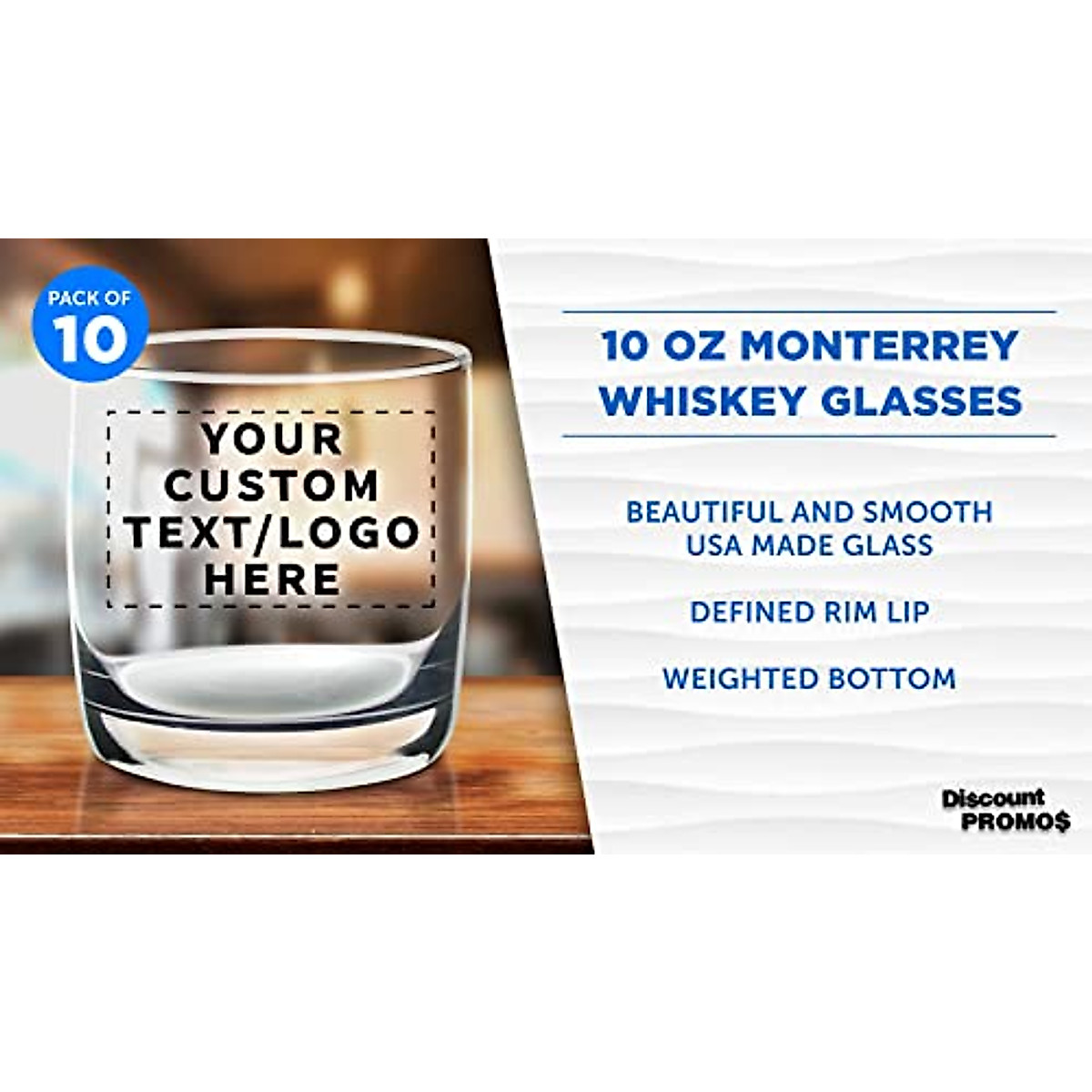 Custom Whiskey Glasses 10 oz Set of 10, Personalized Bulk Pack - Heavy Base Old Fashioned Glass, Perfect for Scotch, Bourbon, Whiskey, Cocktail - Clear