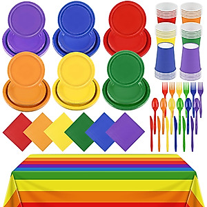 Ruisita 193 Pieces Rainbow Party Supplies Include Disposable Dessert Paper Plates Cups Napkins Forks Knives Spoons Table Cover Serve 24 Guests Dinnerware Cutlery Set for Birthday Wedding Decoration