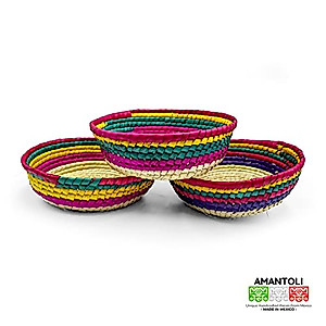 Amantoli - 3 Piece Mexican Handwoven Tortilla Basket Set - Large (8 inches) - Colorful | Tortilla | Pancake | Arepa| Warmer - Authentic Tortillero Set/Mexican Party - Décor