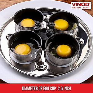 Vinod Non Stick Egg Poacher Pan – Skillet, Glass Lid, Removable Cup Tray - 4 Large Cups - Stainless Steel Poached Egg Cooker – Food Grade Egg Poaching – Heat Friendly Handle - Free Silicon Spatula