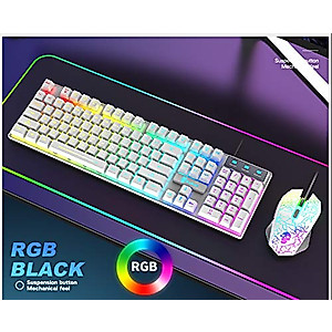 KUIYING Gaming Keyboard and Mouse Combo,RGB Rainbow Backlit Keyboard with PC Wired Keyboard+2400DPI 6 Buttons Rainbow LED Gaming Mouse+Mouse Pads for PC PS4 (White), 20.9 x 6.1 x 2.1