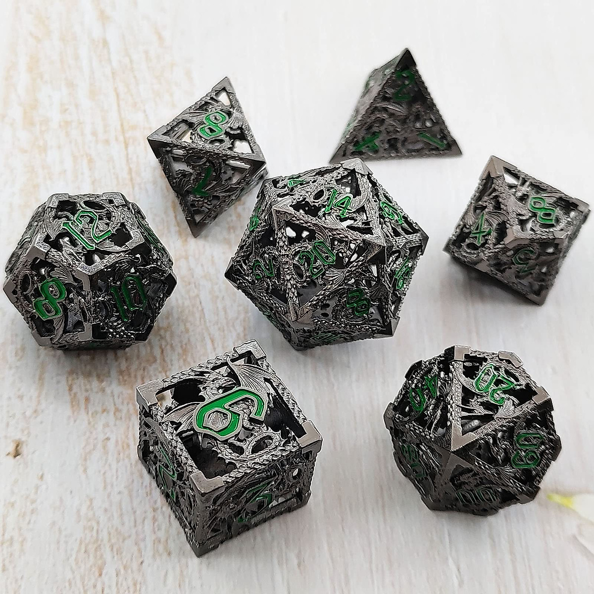 DND Dice Set Dungeons and Dragons Metal D&D Dice Polyhedral Dice Set RPG MTG Pathfinder Shadowrun Roleplaying Dice Games Gifts Accessories D N D Hollow Dice D20 D12 D10 D8 D6 D4, Black Nickel Green