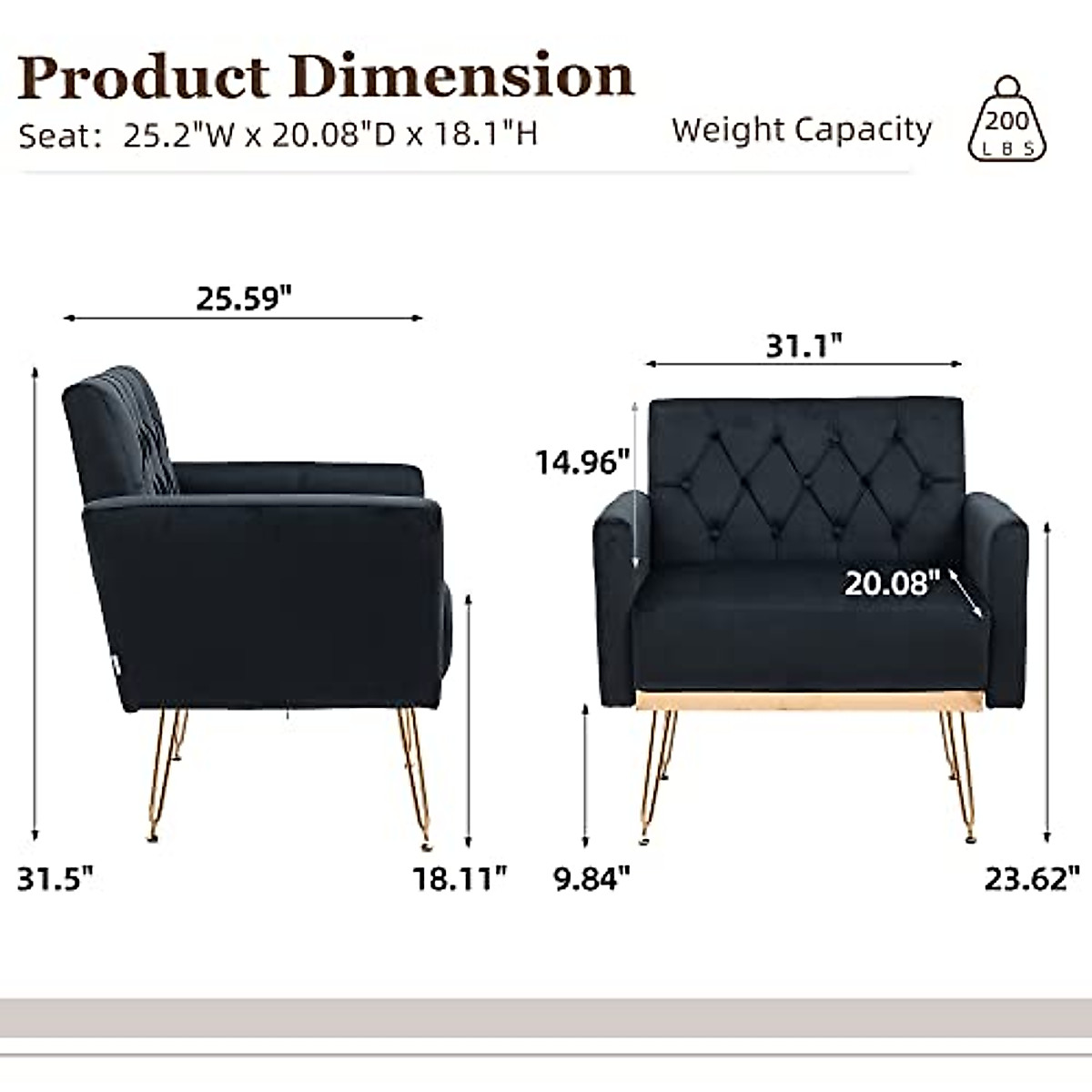 Olela Accent Chair Set of 2,Velvet Armchair Single Sofa Modern Tufted Upholstered Side Reading Chairs with Arm and Gold Metal Leg for Living Room Bedroom Club Nursery Office Decorate(2, Black)