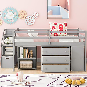 Lifeand Full Size Loft Bed with Retractable Writing Desk and 3 Drawers, Wooden Loft Bed with Storage Stairs and Shelves, Gray