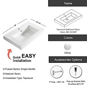 Dowell 30" Bathroom Sink,Single Bowl Vanity Basin,Rectangular Drop-In Bathroom Sink with Overflow,White-000 3018BP