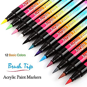 ARTDINGD Acrylic Paint Pens Brush Tip, 12 Colors Markers for Rock Painting, Calligraphy, Scrapbooking, Lettering, Card Making, Sketching, Black Paper, DIY Photo Album