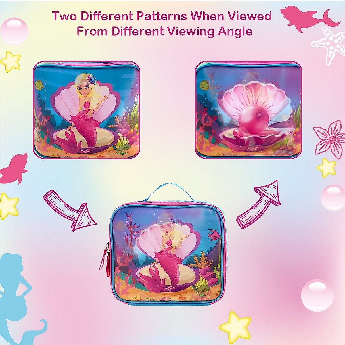 HAPPYSUNNY Mermaid Lunch Box Bag for Girls Kids with 3D Images Changing Pictures Lenticular Hologram Technology Insulated Lunch Bag for Children Preschool Kindergarten and Travel