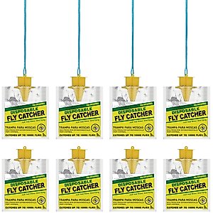 Outdoor Fly Traps 8 Pack with Adjustable Hanging Strings (8 PCS), Disposable Hanging Fly Traps with Natural Pre-Baited Bags | Effective Fly Killer for Backyard, Patio, Park or Farm Yellow
