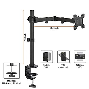 Amazon Basics Single Computer Monitor Stand with Tilt and Rotation, Height Adjustable VESA Desk Arm Mount, Steel, 30 inches, Black