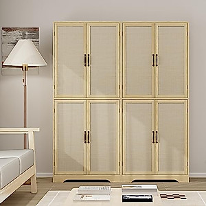 wirrytor 71" Rattan Storage Cabinet with 4 Doors, Tall Accent Kitchen Pantry Cabinet, Freestanding Rattan Cabinet for Dining Room, Living Room, Kitchen, Bedroom, Natural