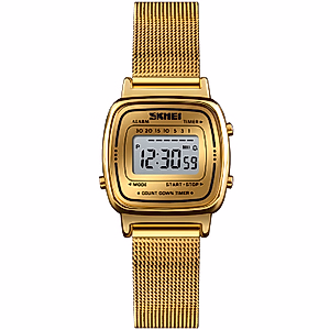 MASTOP Women's Digital Watches Ultra-Thin Gorgeous Simple Petite Wrist Watches Small Dial Mesh Steel Bracelet (Gold)