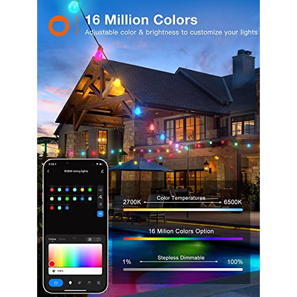 addlon 96FT Outdoor String Lights, Dimmable Outdoor Lights with Remote & APP Control, Patio Lights with 30 Waterproof Shatterproof LED Bulbs, Smart RGB String Lights Outsides Work with Alexa for Patio