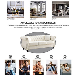 Xozor 80" Chesterfield Sofa,3 Seater Sofa Tufted Couch Upholstered Sofa Couch,with Rolled Arms and Nailheads,Two Pillows, for Living Room, Bedroom, Office, Apartment. Teddy White