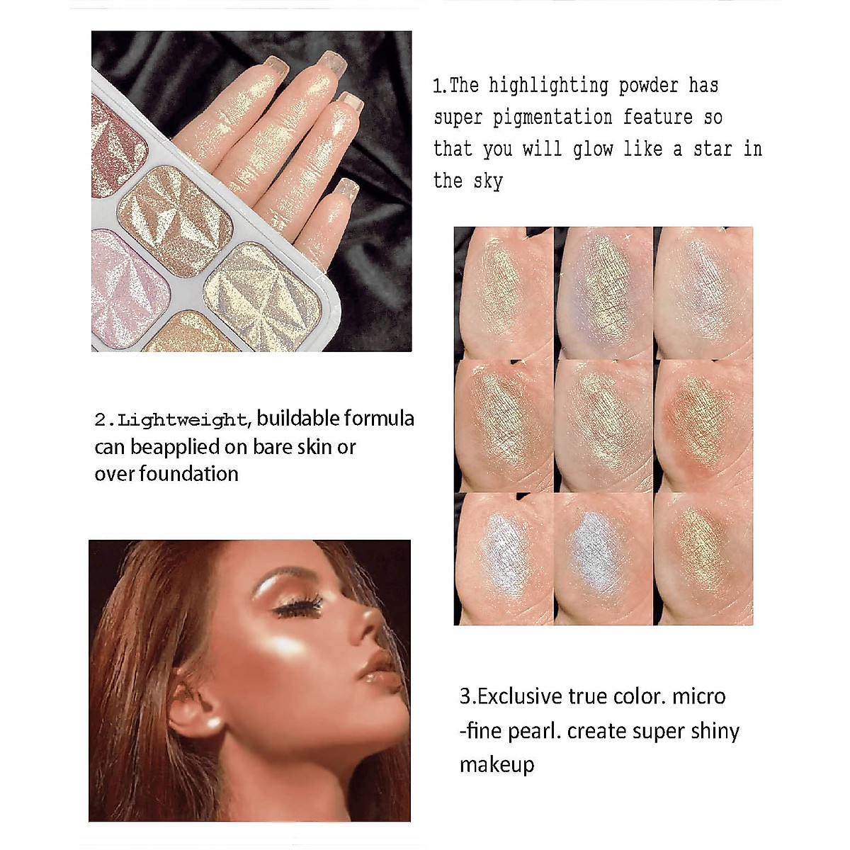 SUMEITANG 8 Colors Face Highlighter Makeup Palette，Shimmer Glitter Multichrome Highlight Powder，All Sparkling Shades Can Be layered or Worn Individually to Enhance and Brighten Your Face Features