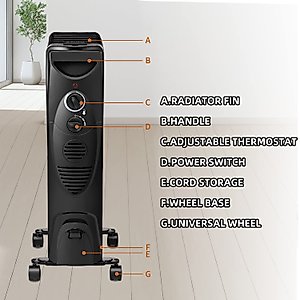 R.W.FLAME Oil Filled Radiator Heater - 3 Heat Settings, Adjustable Thermostat, Quiet and Portable Space Heater with Tip-over & Overheating Functions (27", Black)