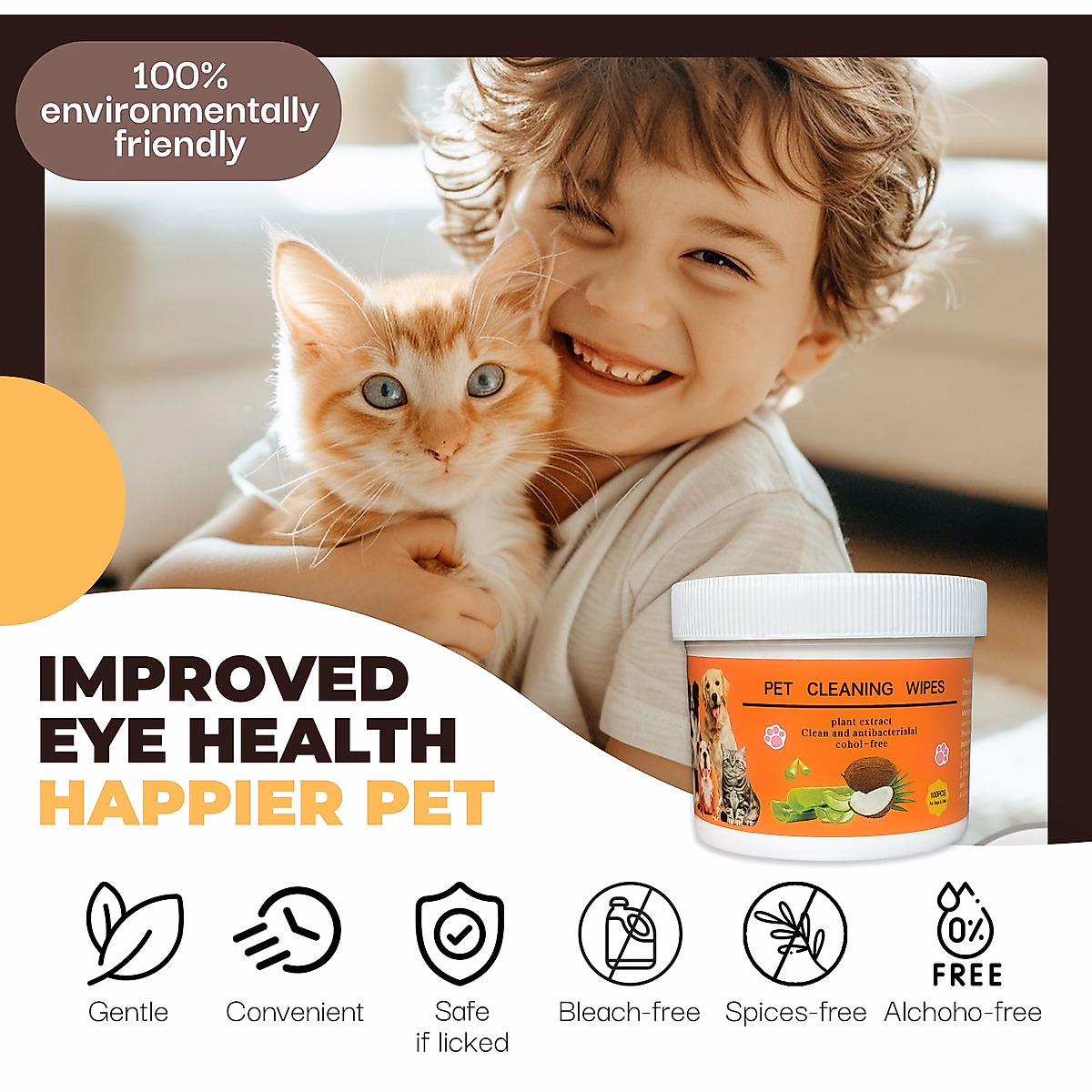 PHONGLEO Dog Eye Wipes, Cat Eye Wipes, Thicker, 100 Pieces, 3 Inch, Pet Eye and Cleaning Wipes, Made of Soft Non-Woven Fabric, Moisturized with Coconut Oil and Aloe Vera, Fragrance Pets Love.