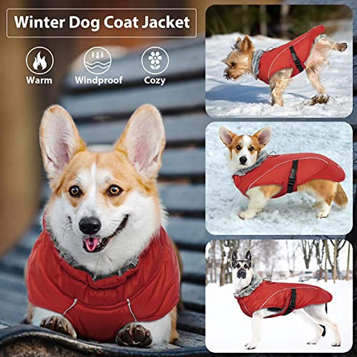 DENTRUN Dog Cold Weather Coats Winter Warm Dog Coat Windproof Cozy Dog Jacket Thick Fleece Vest Water Repellent Apparel with Harness/Leash Hole & Reflective for Outdoor Small Medium Large Dogs