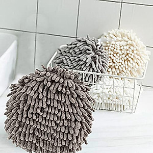 XHMAXE 4 Pack Chenille Hand Towels，7.1 Inch Soft Absorbent Microfiber Towels Ball Gadgets for Home/Kitchen/Bathroom Gadgets/Hanging Towels Quick Dry Cloths(2Each White and Grey)