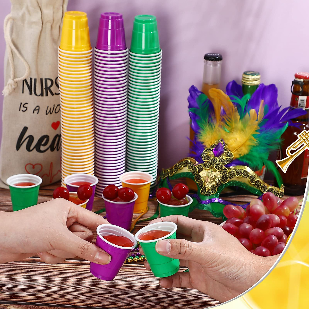 Meanplan 150 Pcs Mardi Gras 2 oz Plastic Shot Glasses Disposable Shot Cups Mini Colorful Small Party Cups for Mardi Gras Party Drinking Tasting Serving Snacks Samples, Purple Yellow Green